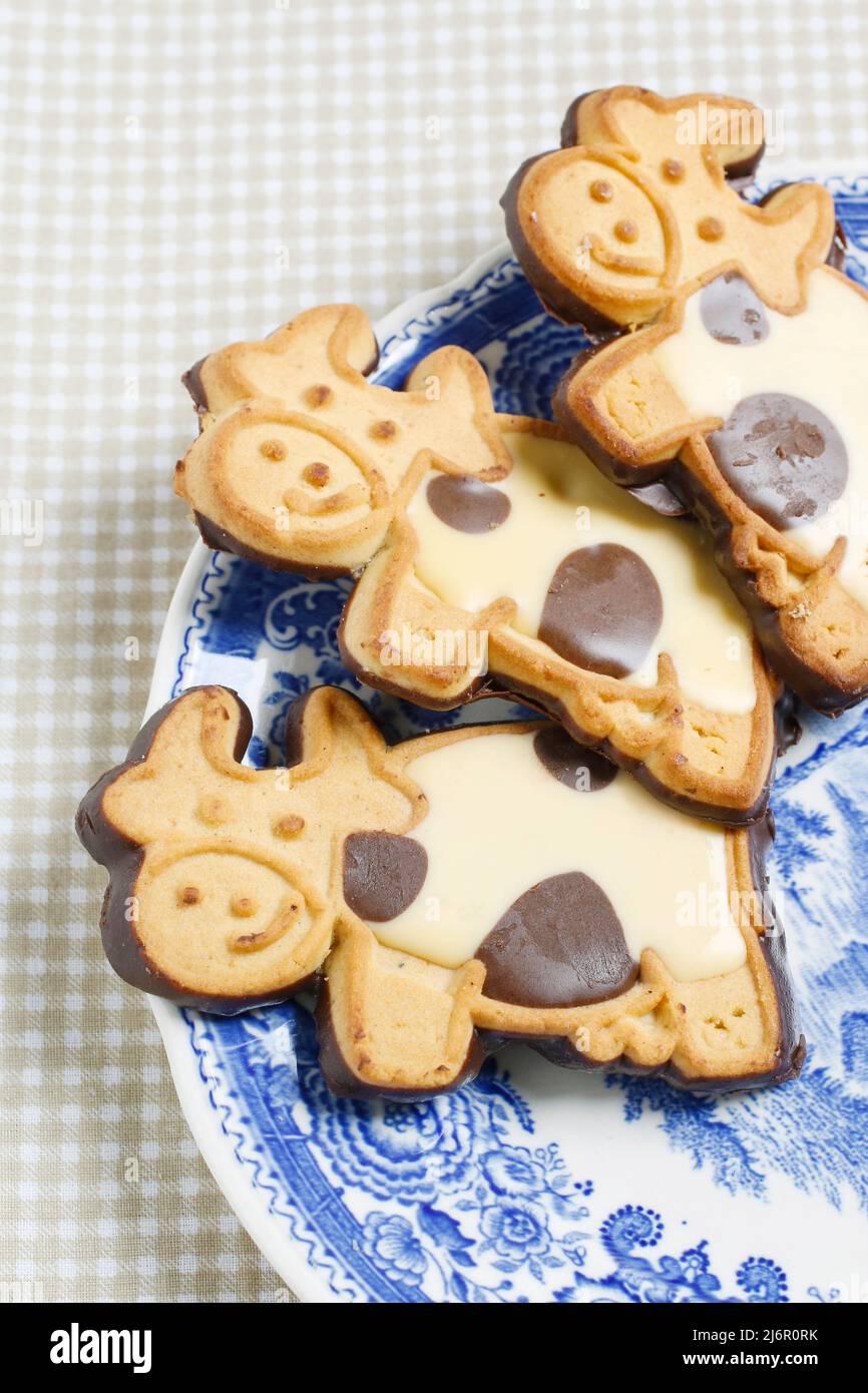 Funny cookies in cow shape decorated with dark and white chocolate ...
