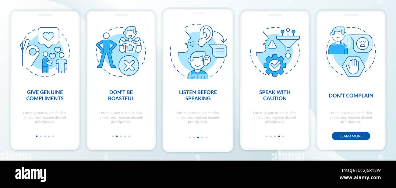 Basic etiquette rules blue onboarding mobile app screen Stock Vector ...