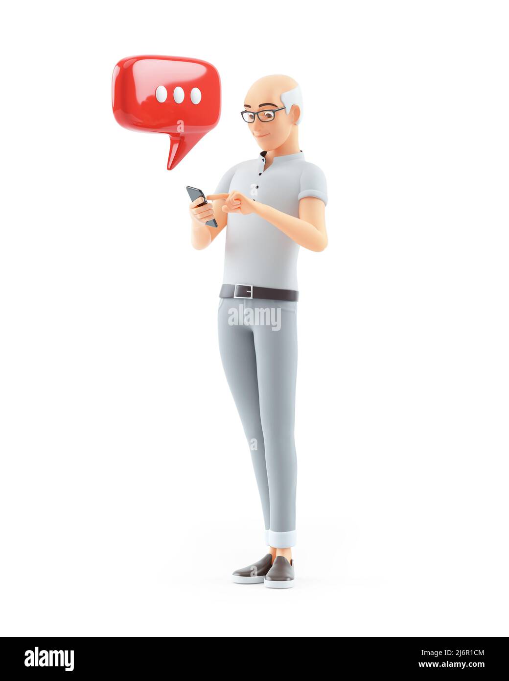 3d senior man texting with smartphone, illustration isolated on white ...