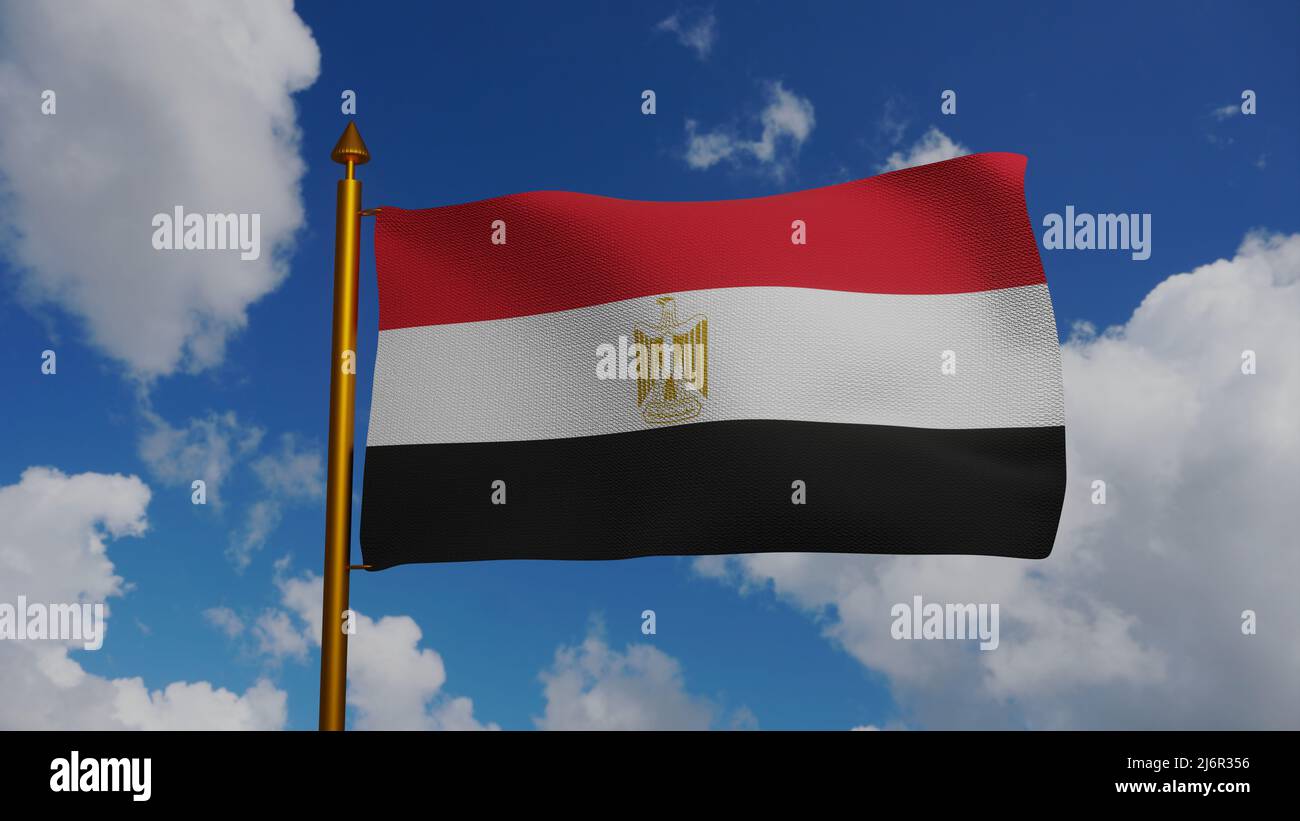 National flag of Egypt waving 3D Render with flagpole and blue sky ...