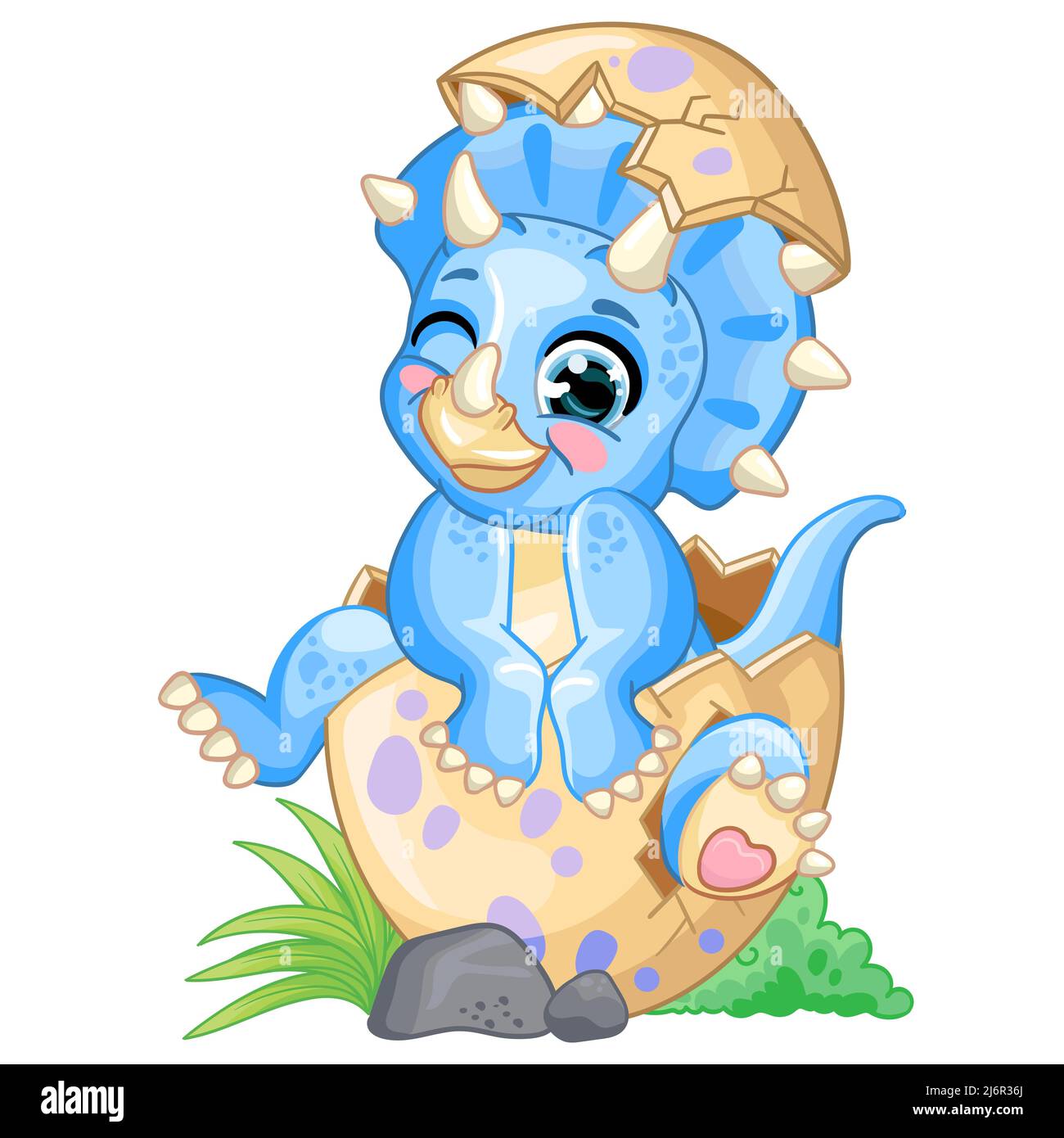 Happy baby blue triceratops dinosaur sitting in egg on nature. Cute cartoon character. Vector ...