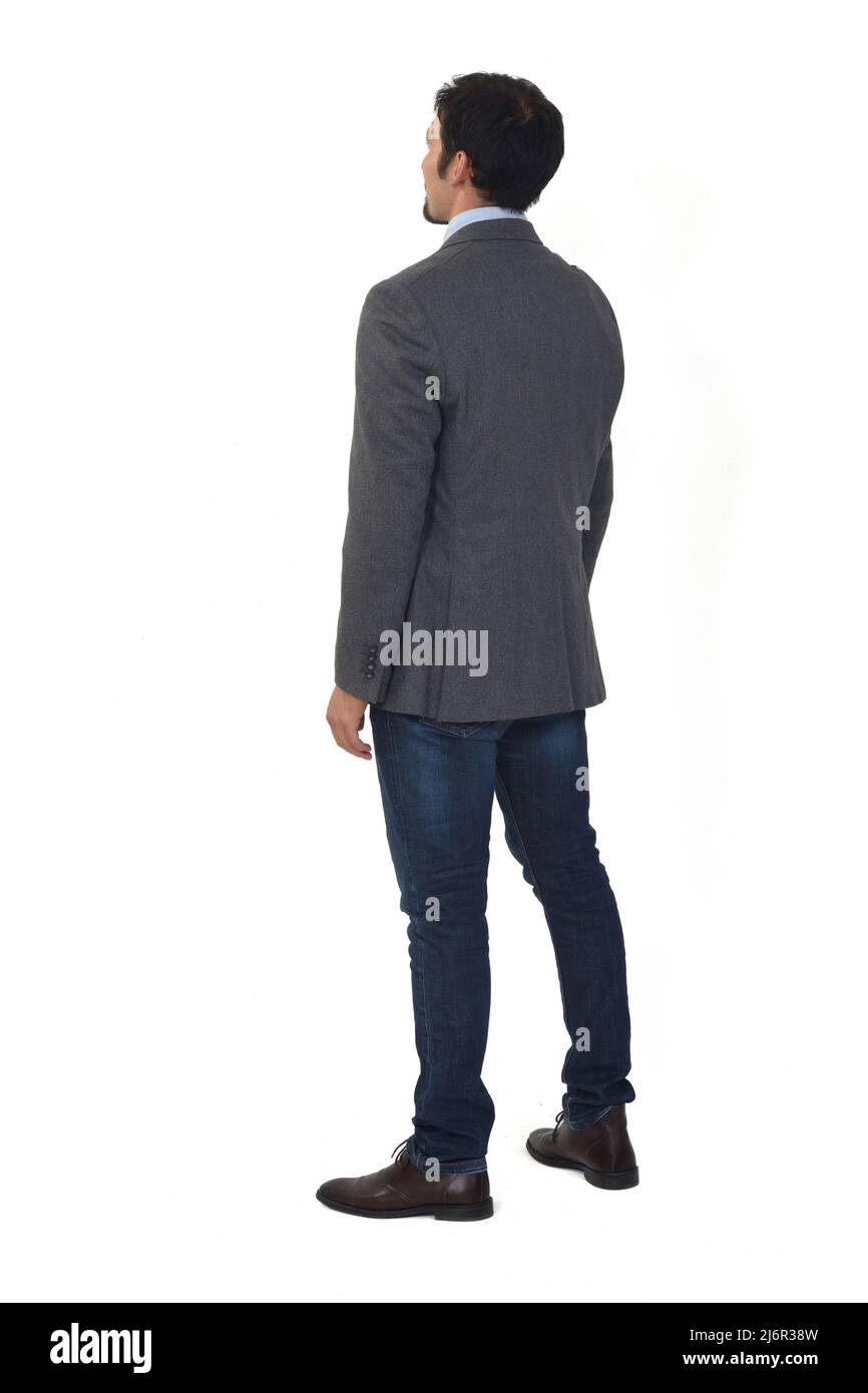 rear view of a man with blazer and jeans on white background Stock ...