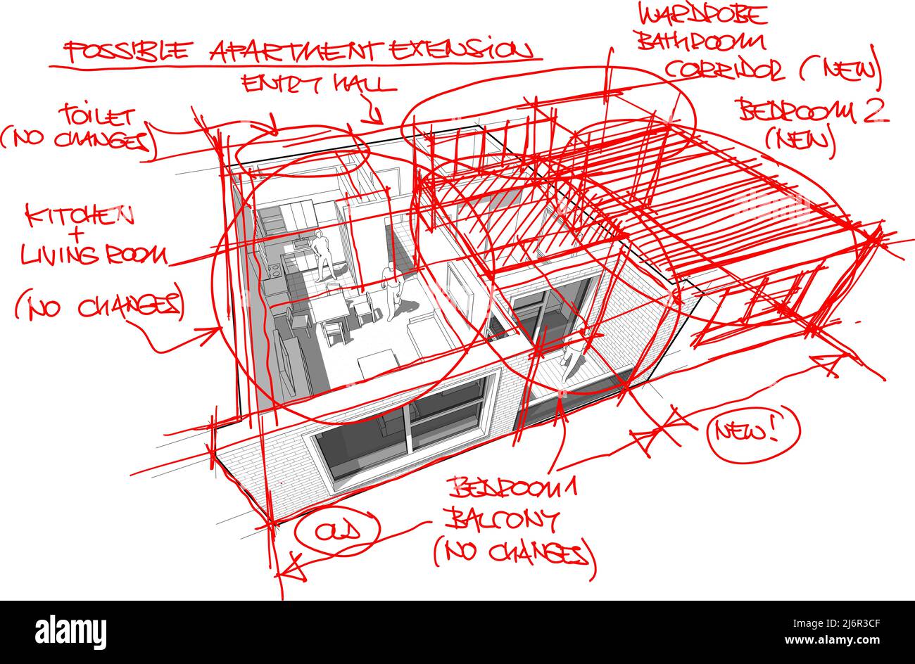 apartment completely furnished with red hand drawn architectural ...