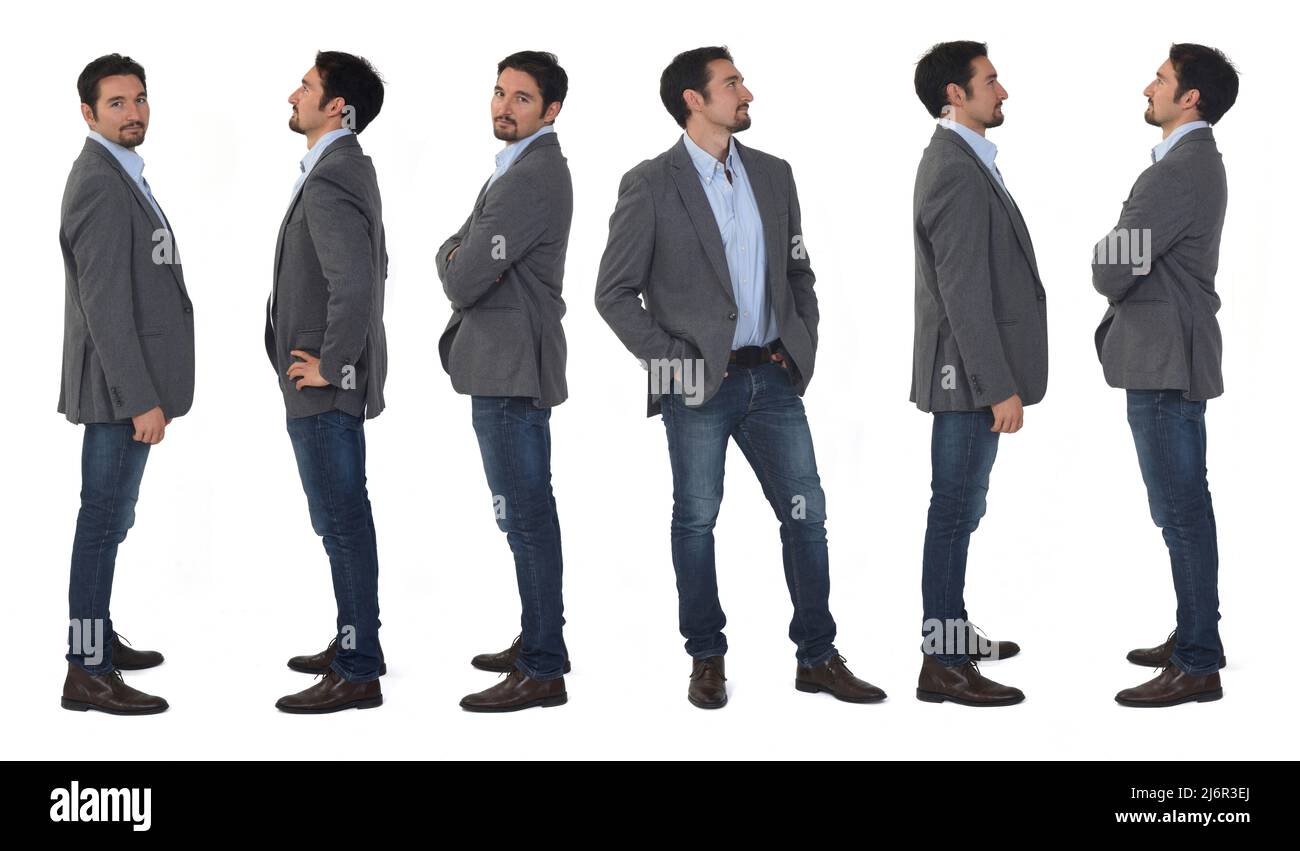 side view of a group of same man with blazer and jeans on white ...