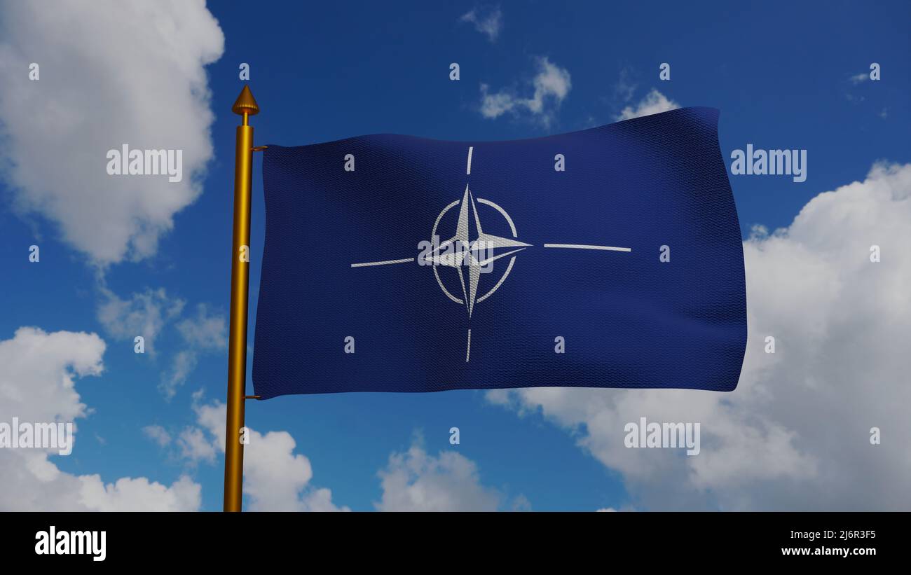 North Atlantic Treaty Organization flag waving 3D Render with flagpole ...