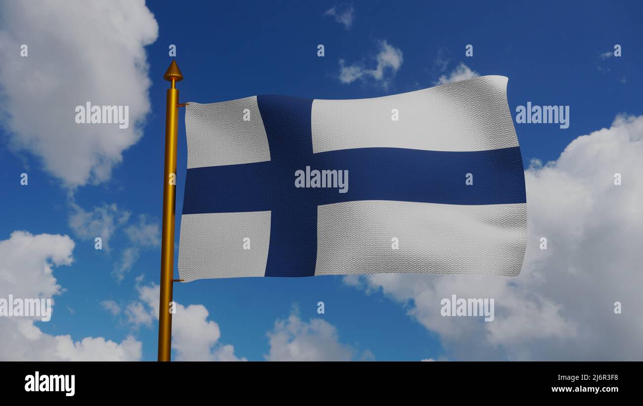 National flag of Finland waving 3D Render with flagpole and blue sky ...