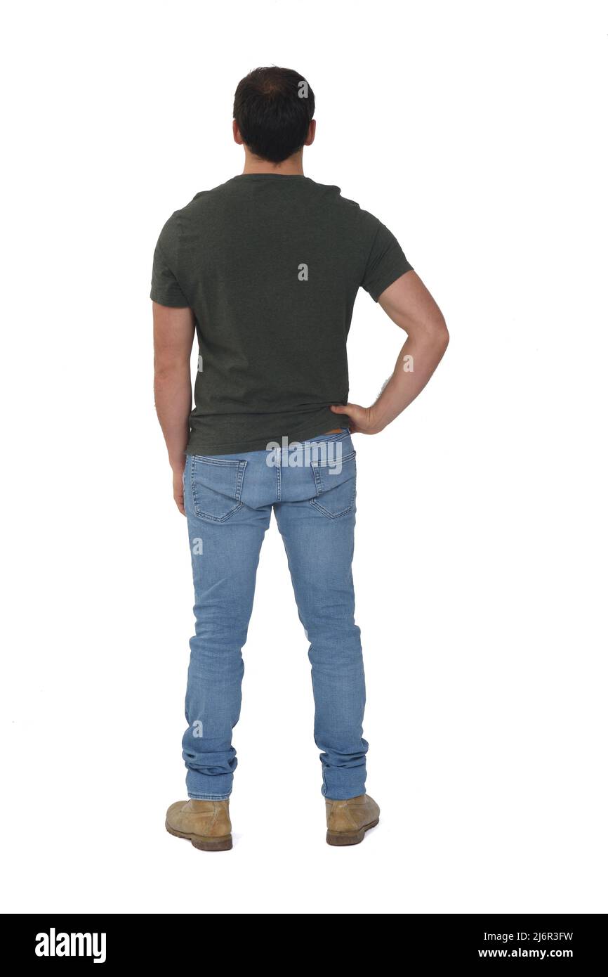 full portrait of rear view of man hand on hip on white background Stock ...