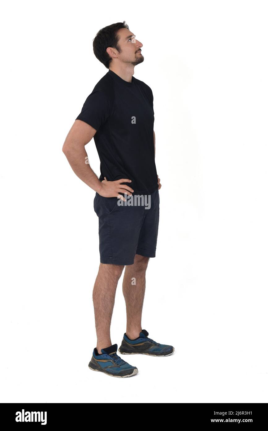 side view of man wearing sportswear, shorts isolated on white ...