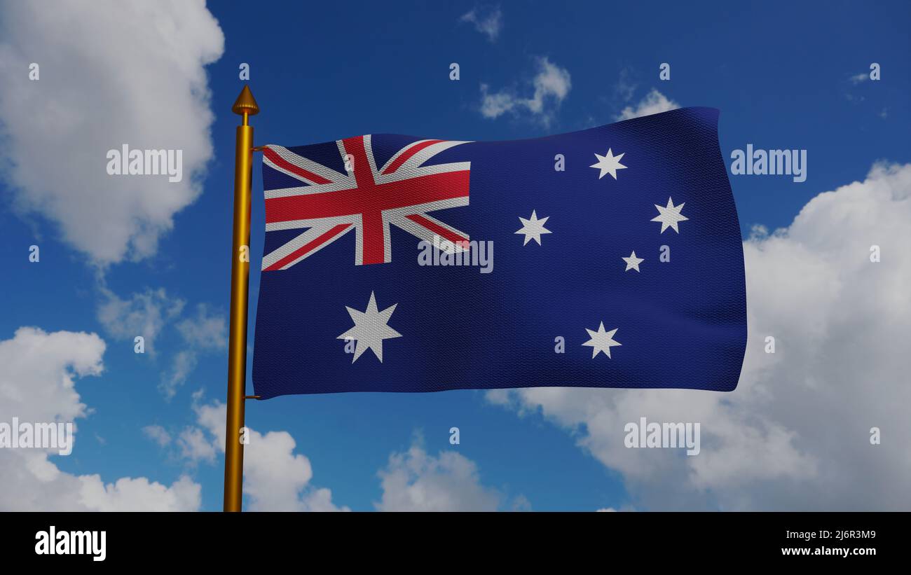 National flag of Australia waving 3D Render with flagpole and blue sky ...