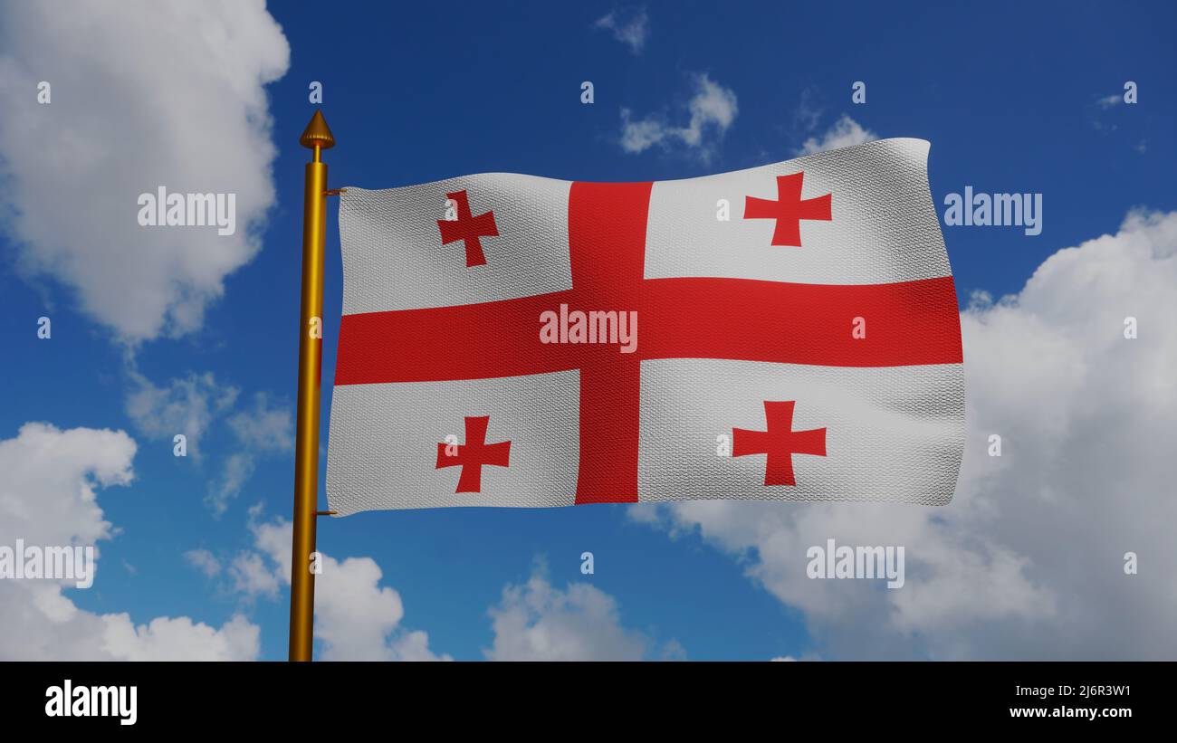 National flag of Georgia waving 3D Render with flagpole and blue sky ...