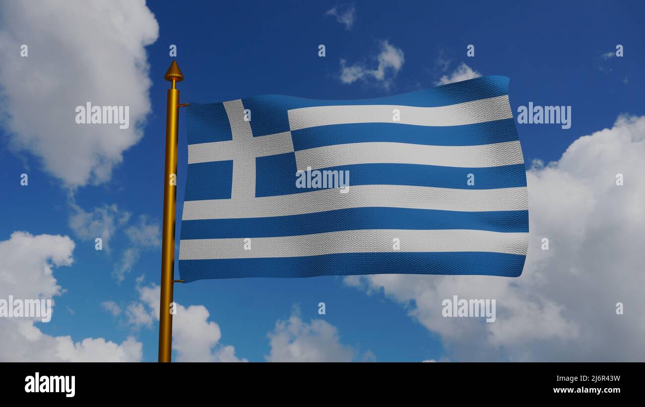 National flag of Greece waving 3D Render with flagpole and blue sky ...