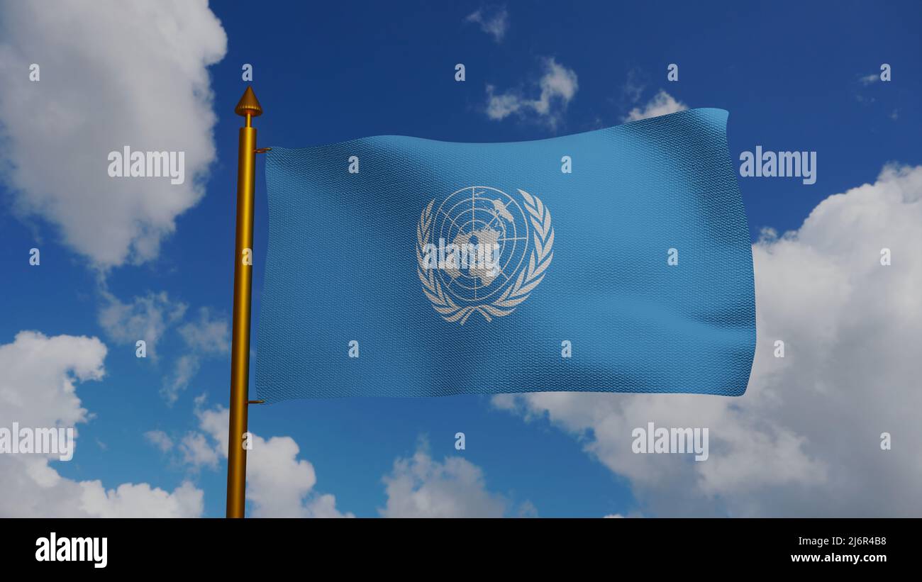 United Nations Organization UNO flag waving 3D Render with flagpole and ...