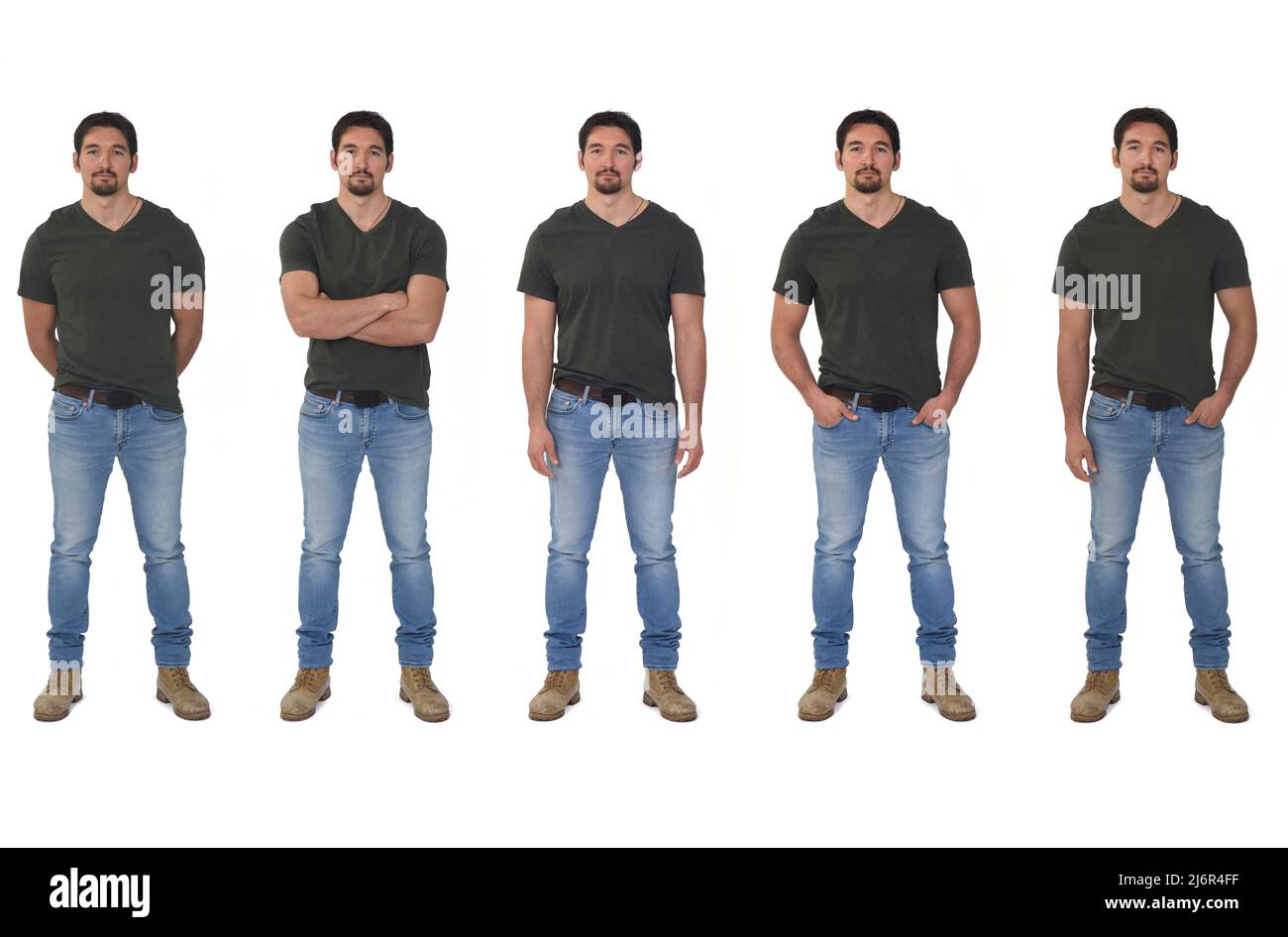 front view of same man with various poses on white background Stock ...