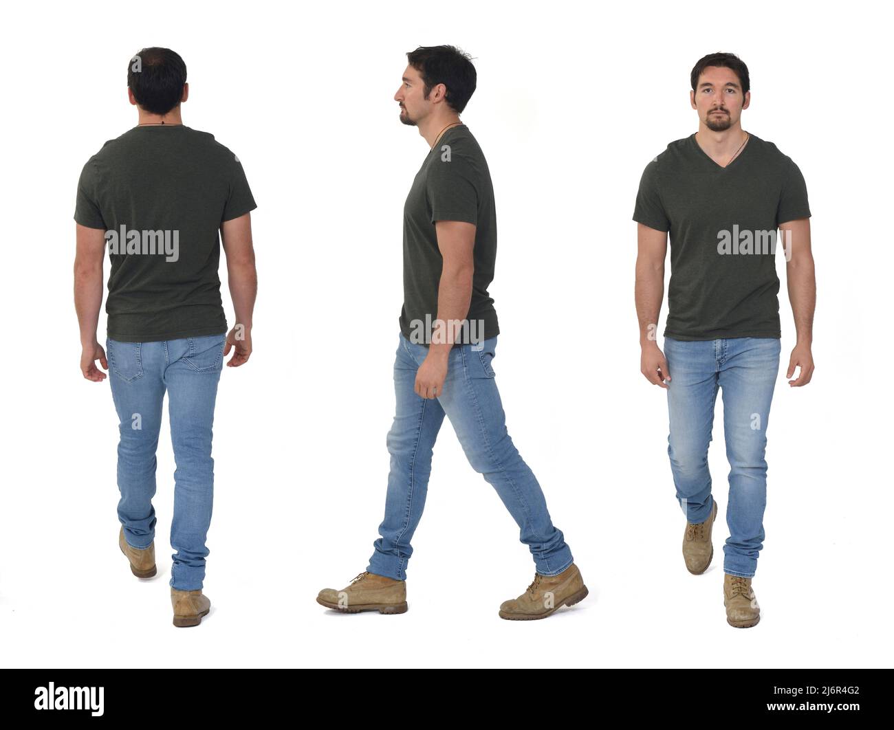 back; side and front view of same man walking on; white background ...