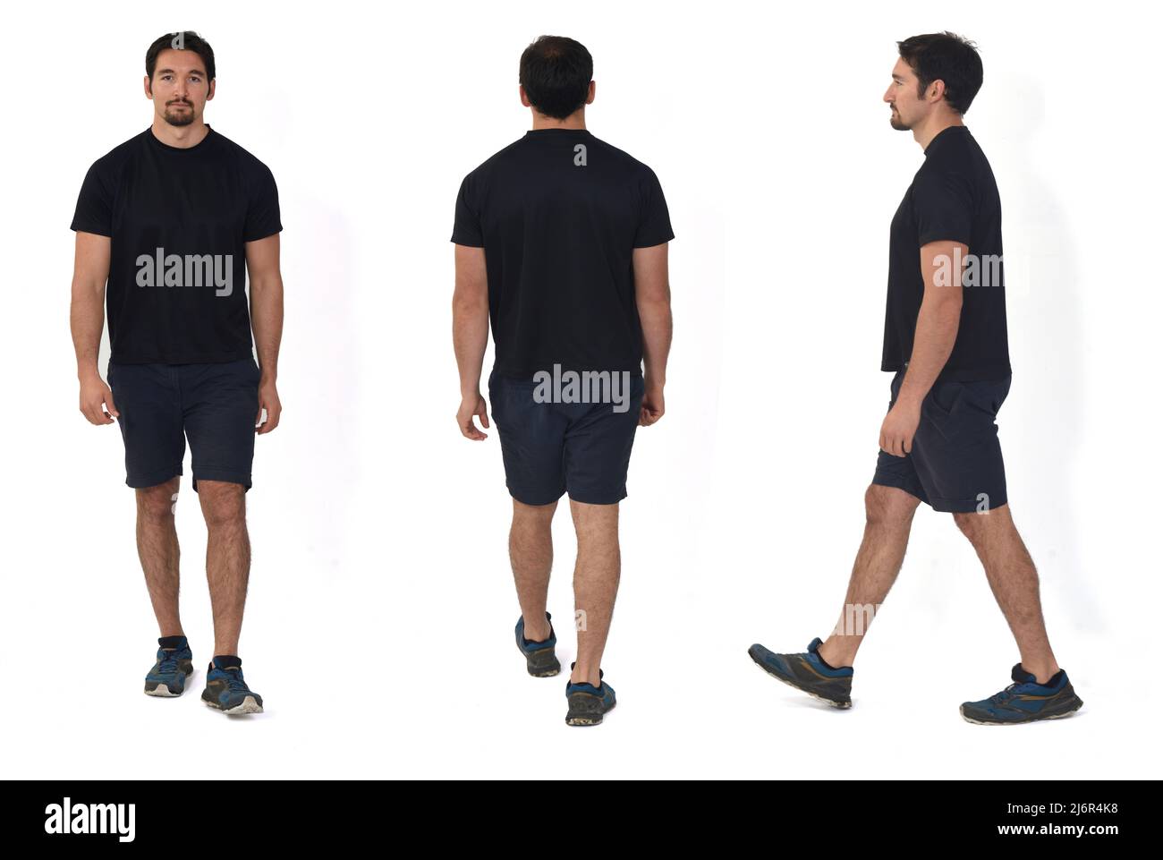 rear,front and side view of a man with sportswear walking on white ...