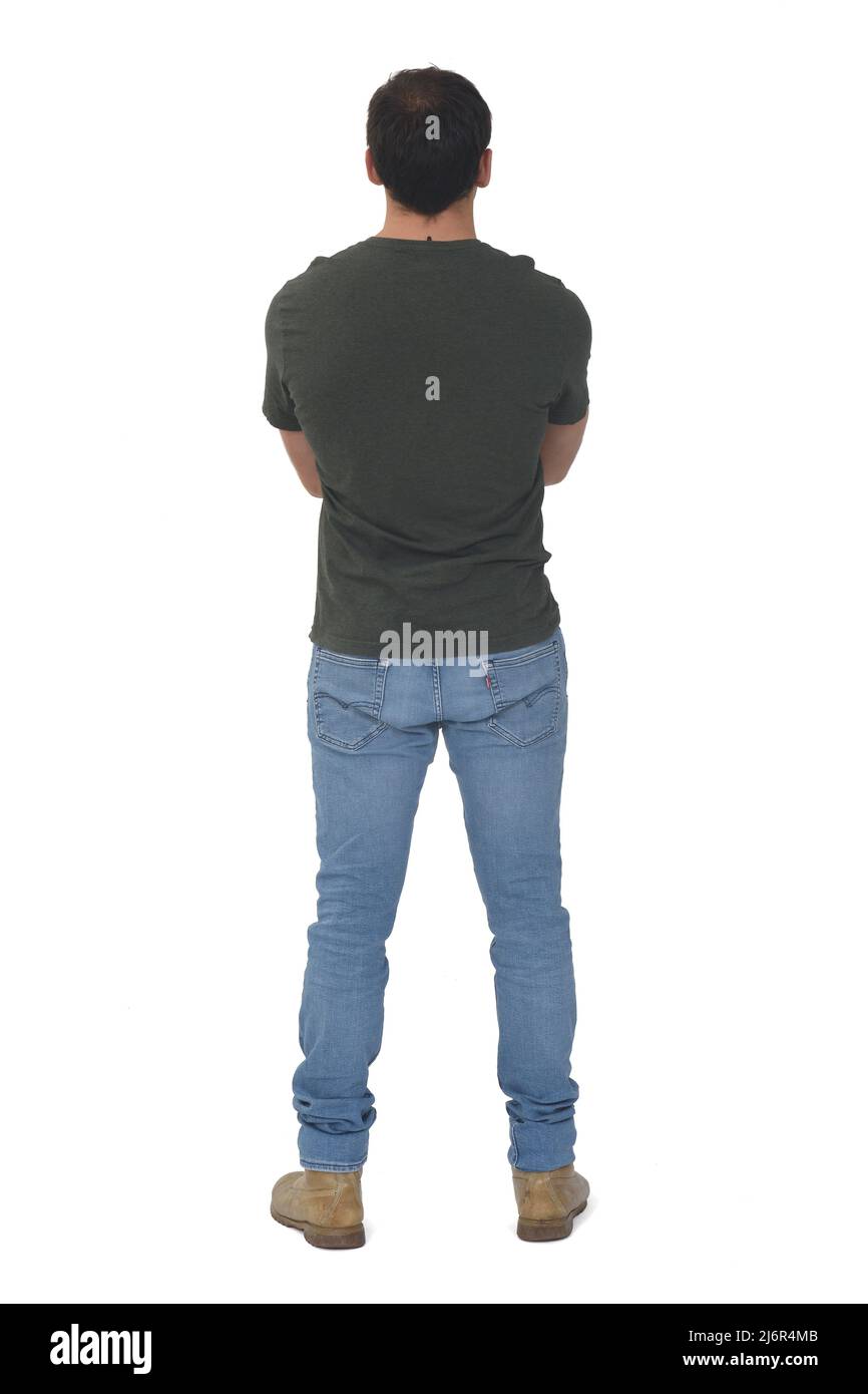 full portrait of rear view of man arms crossed on white background ...