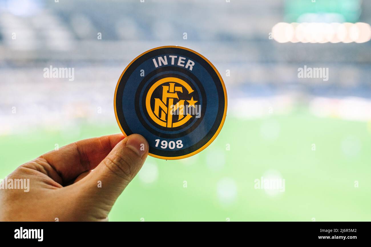 12 September 2021, Milan, Italy. The emblem of the football Inter Milan ...