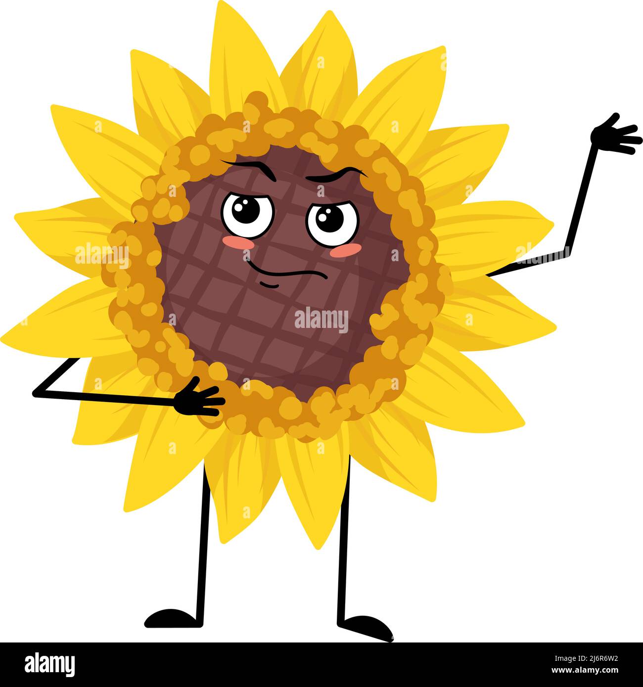 Sunflower character with emotions of hero, brave face, arms and leg ...