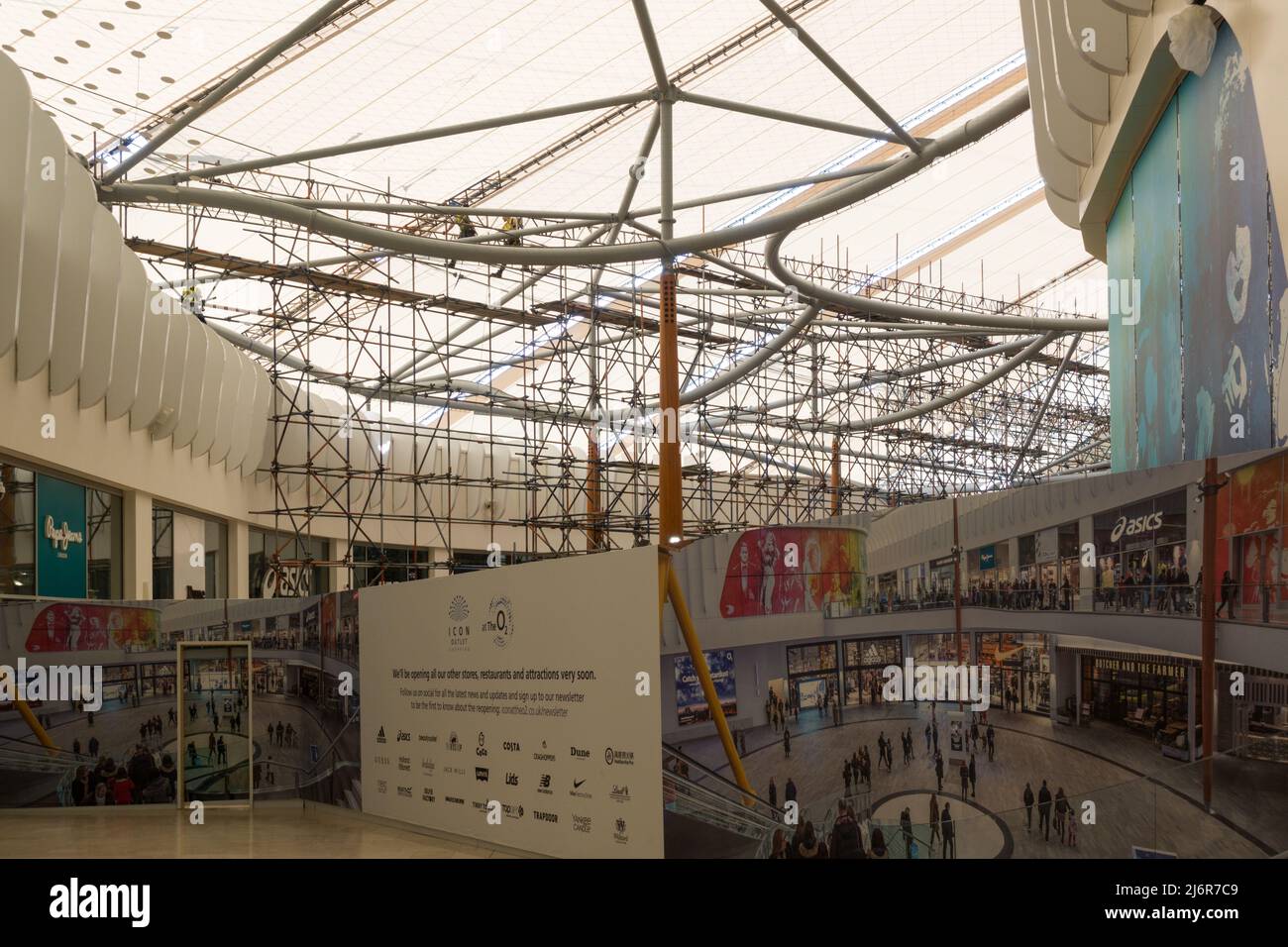 O2 arena roof storm wreckage being fixed with scaffolding in place and ...
