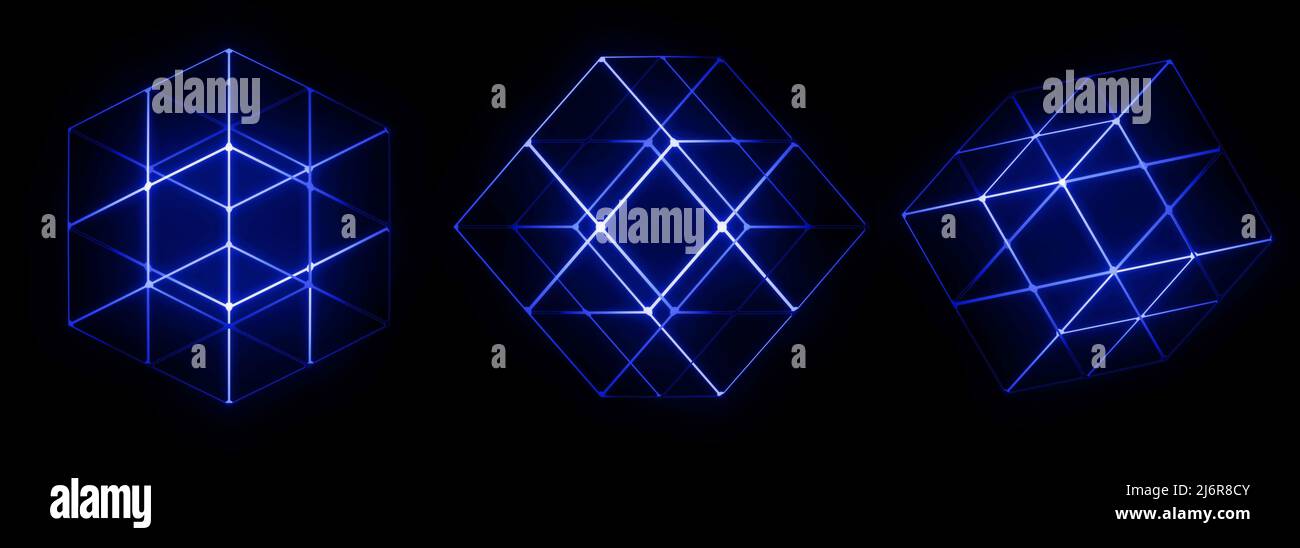 Neon grid graphic elements. Wireframe 3D illustration cubes x3, in a ...