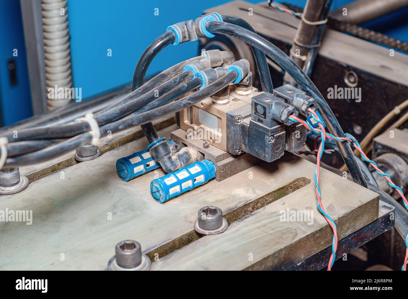 Many cables are interconnected. Electrical cables and wires connected ...