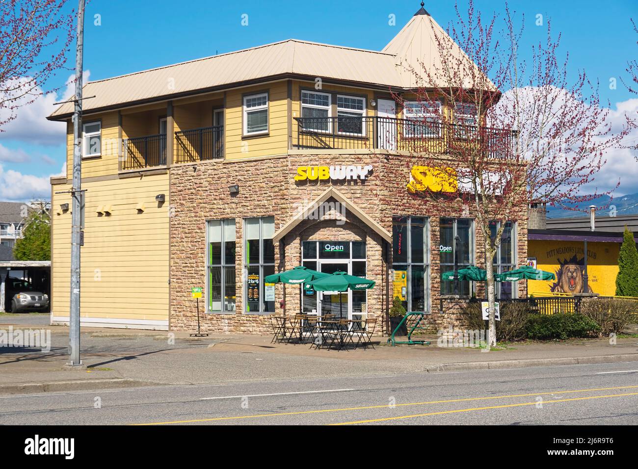 Angled view of the front exterior of a Subway restaurant, Pitt Meadows ...