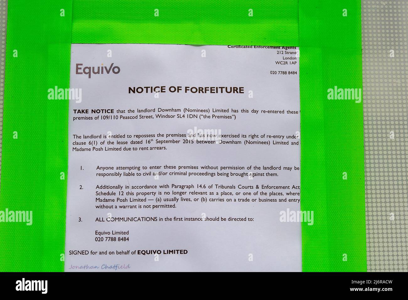 Windsor, Berkshire, UK. 3rd May, 2022. A Notice of Forfeiture posted on ...