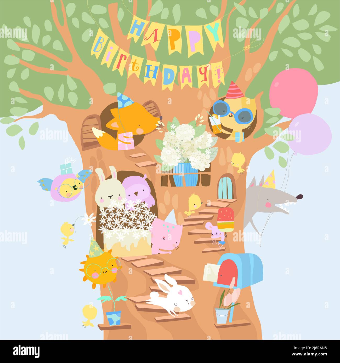 Cute Cartoon Animals celebrating Birthday on Big Tree Stock Vector ...