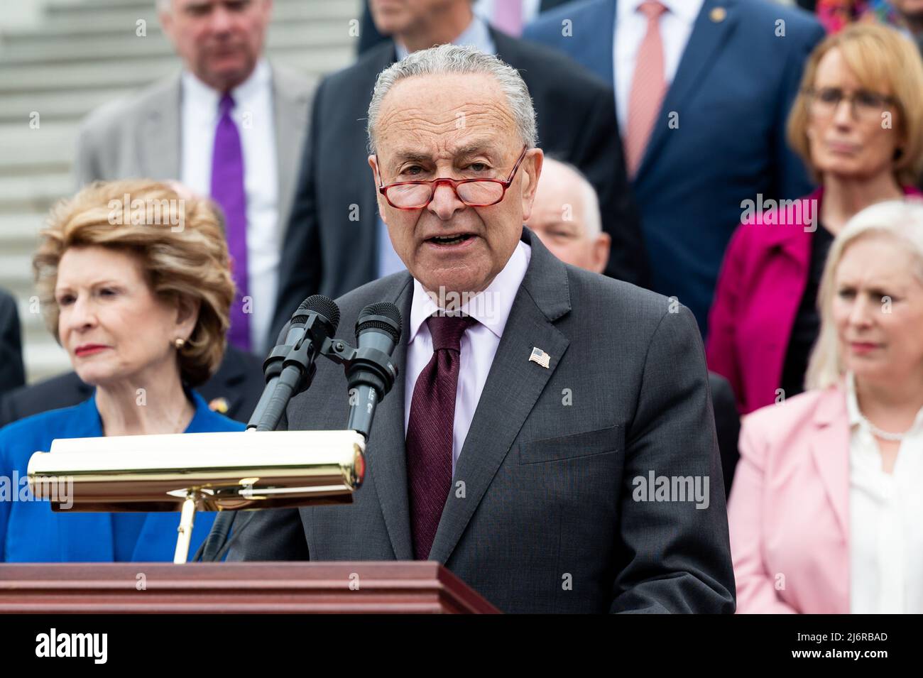 Senate Majority Leader Chuck Schumer (D-NY) speaking at a press ...