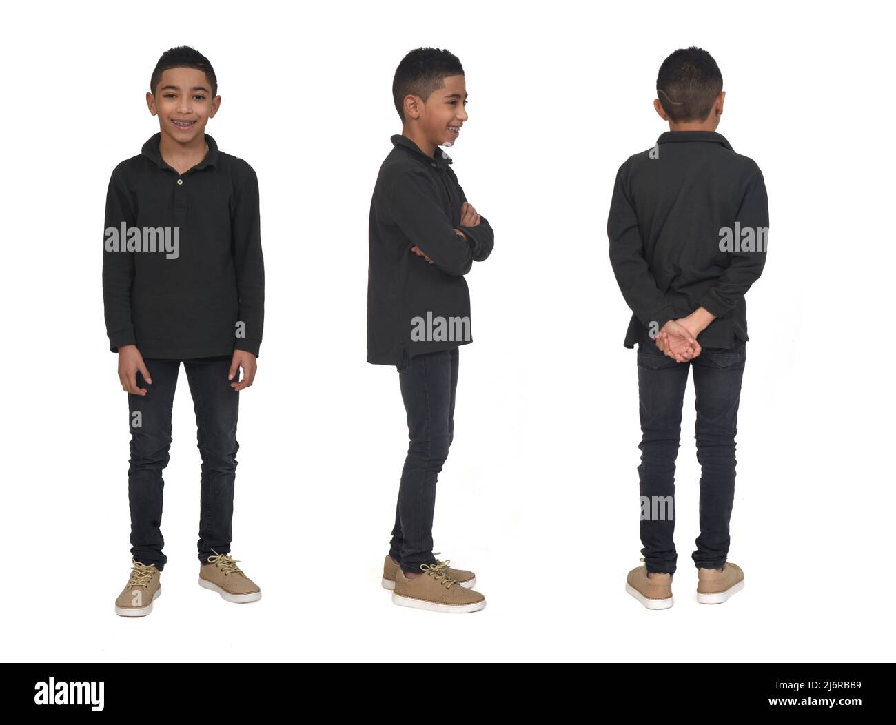 view of same boy with front, side and back view on white background ...