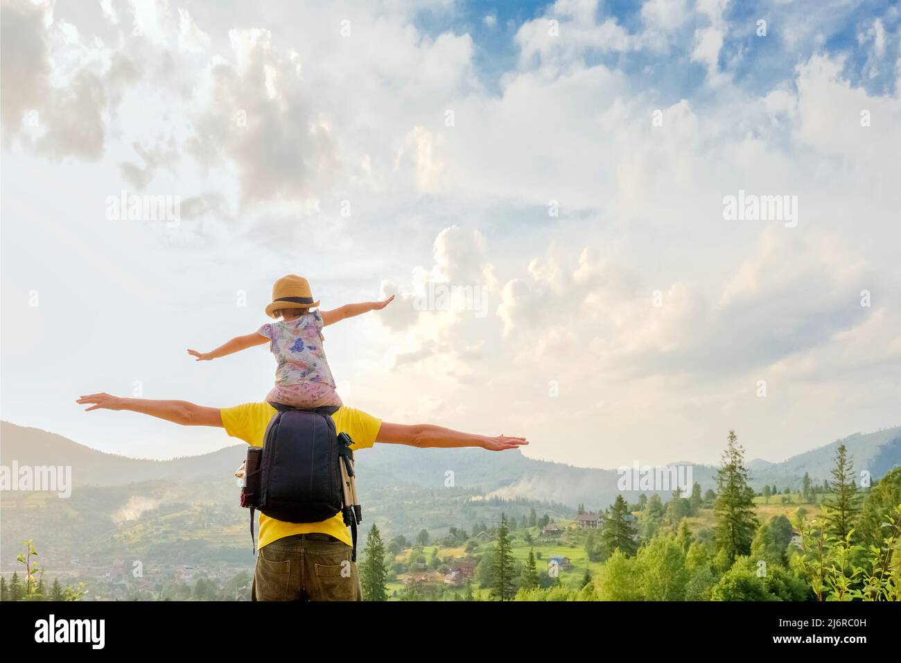 Freedom mountain children hiking trail walking hills. Piggyback ride ...