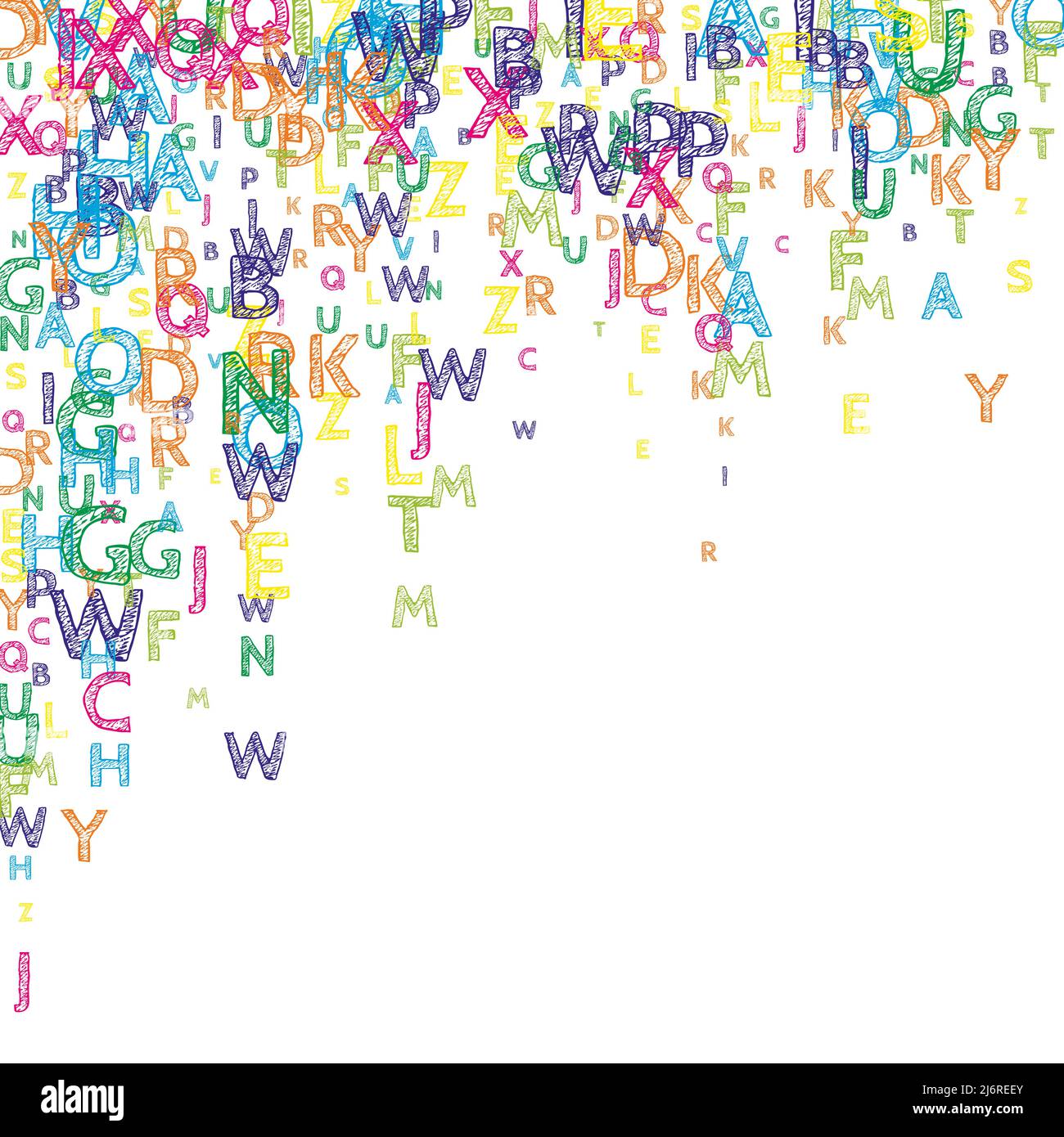 Falling letters of English language. Bright handdrawn flying words of ...