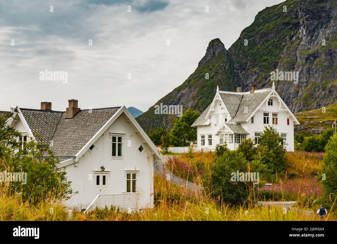 Lofoten Islands, classic norwegian landscape, small houses of white ...