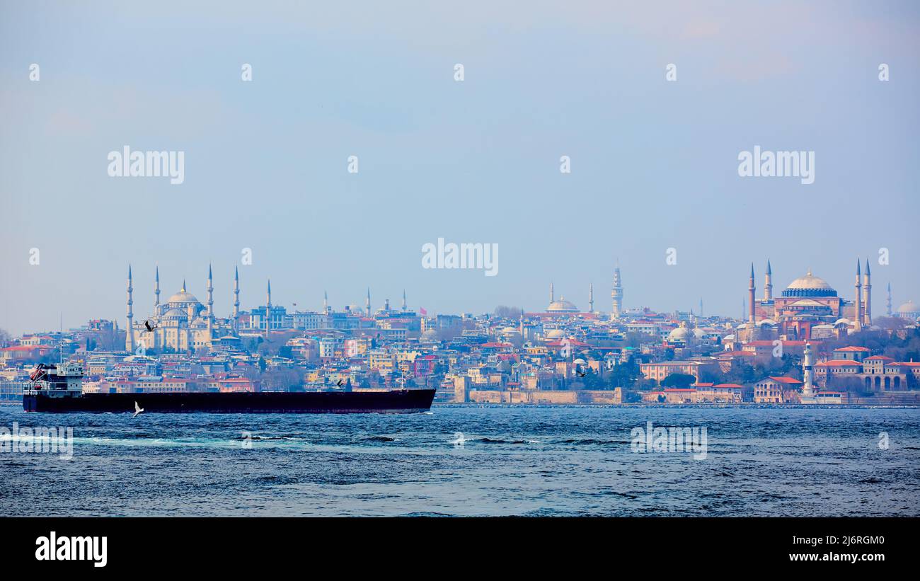 Oil tanker in Bosphorus with Old City in Background Hagia Sophia Stock ...