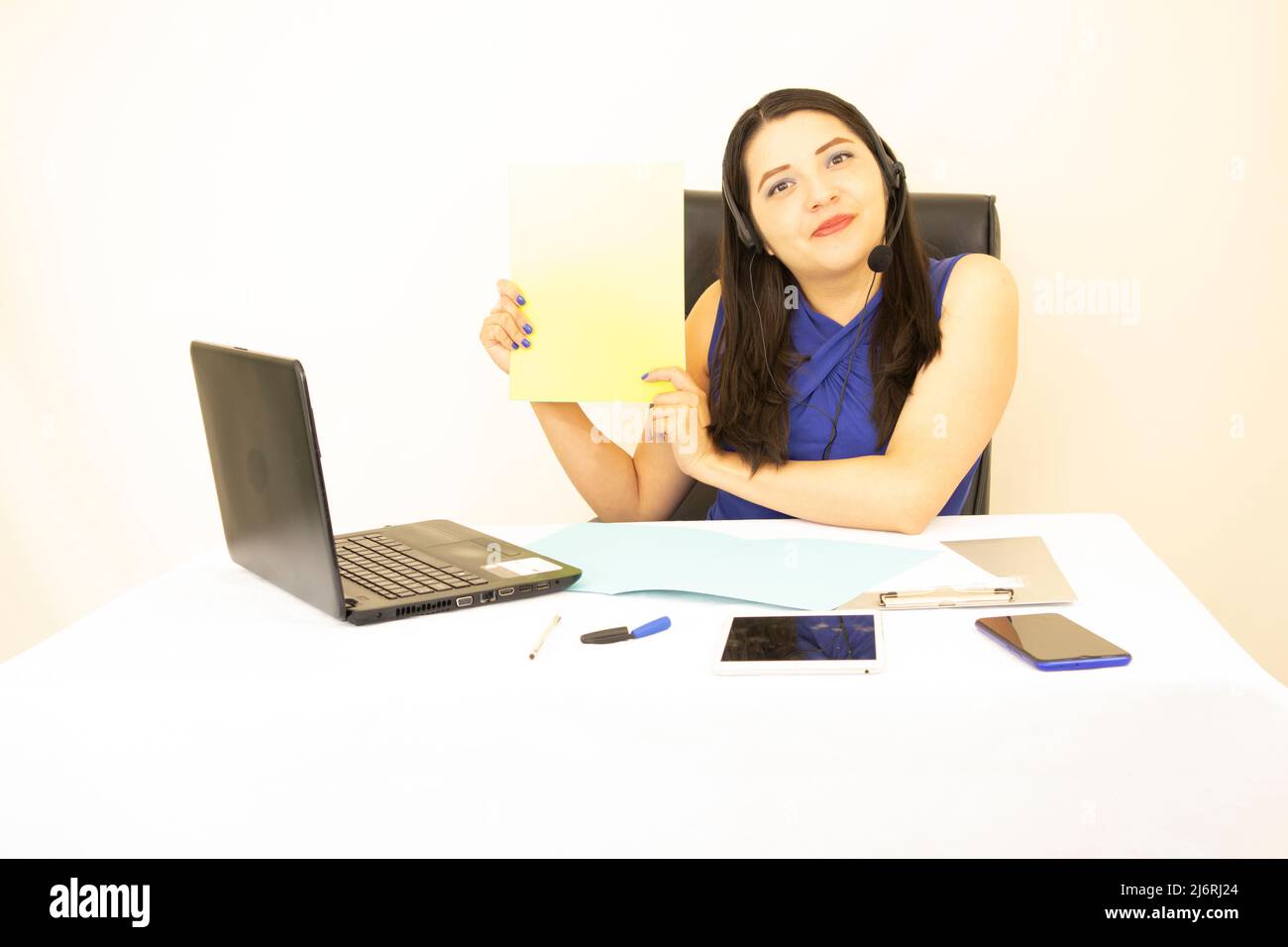 Beautiful and successful CEO asian woman, in blue blouse, working hard ...