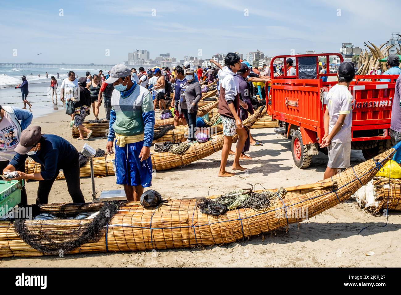 Local People Selling Fresh Fish From Their Caballitos De Totora ...