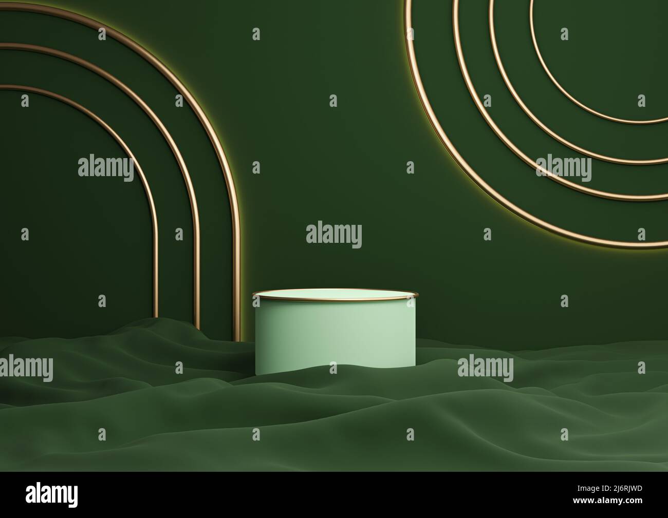 Dark, warm green 3D rendering luxurious product display cylinder podium or stand with golden ...