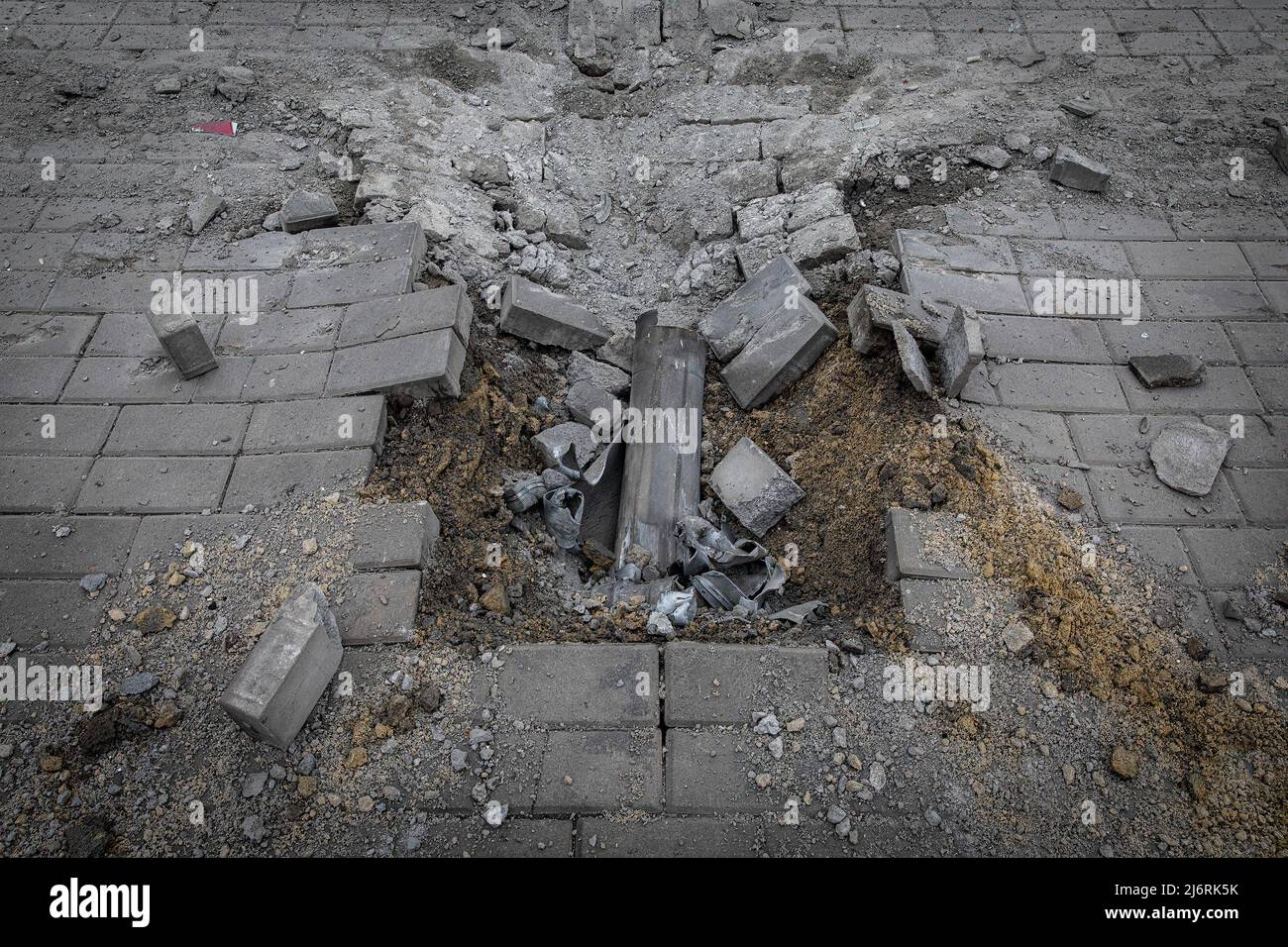 A piece of a Russian artillery shell seen in Saltivka district ...