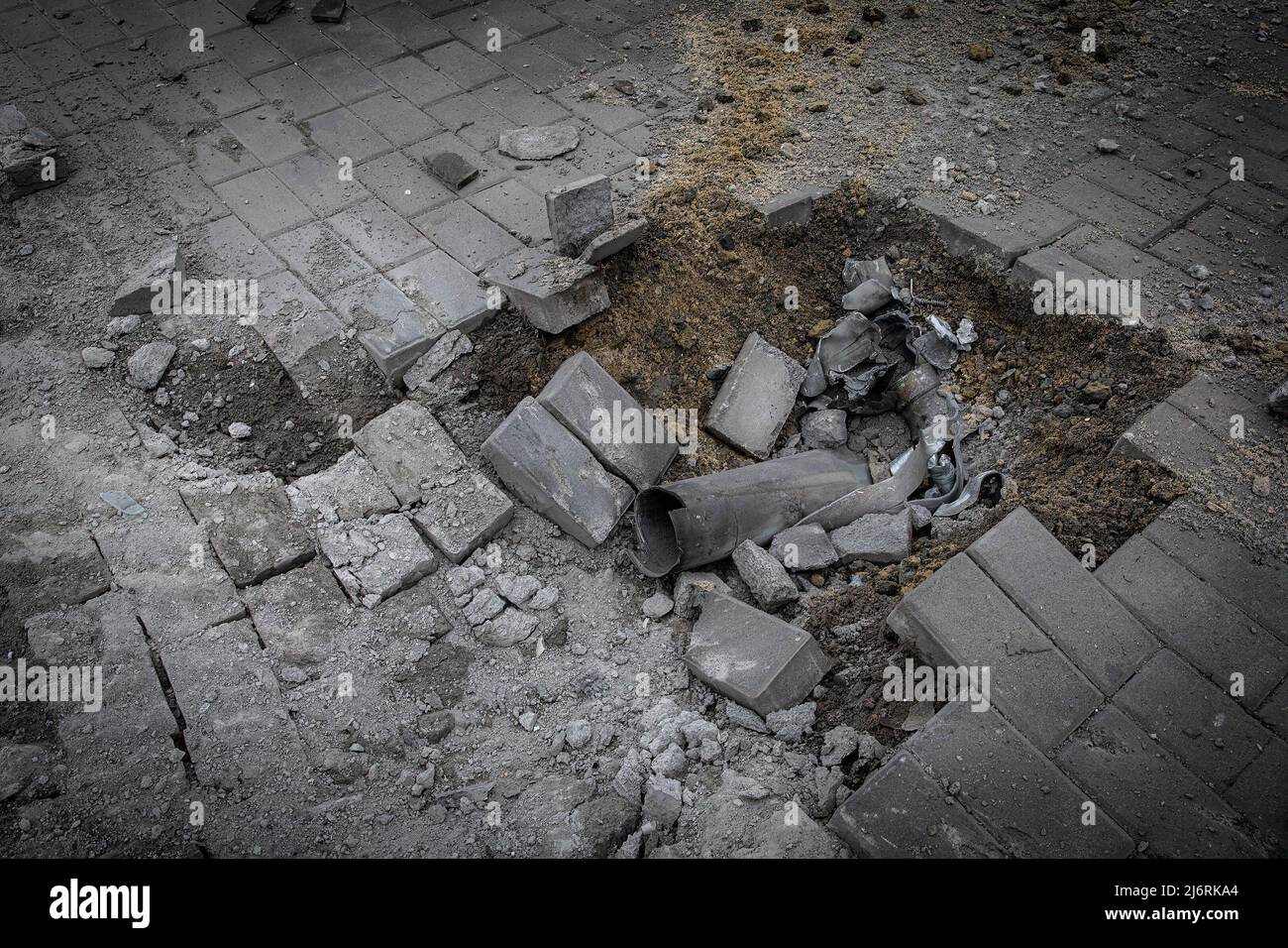 A piece of a Russian artillery shell seen in Saltivka district ...