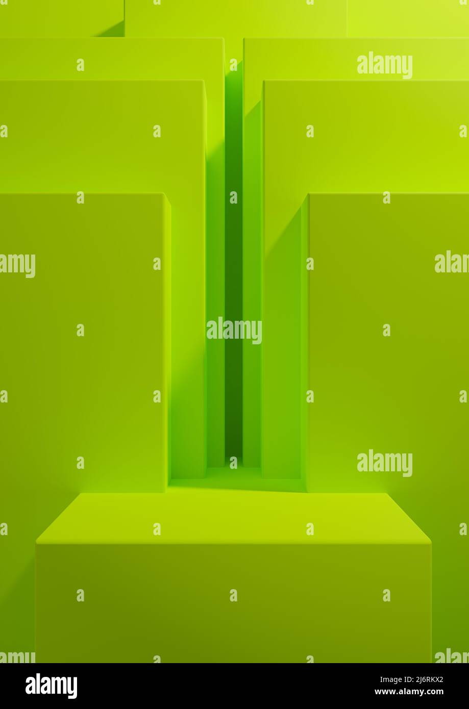 Bright, lime, neon green 3D rendering simple, minimal, geometric background for product podium ...
