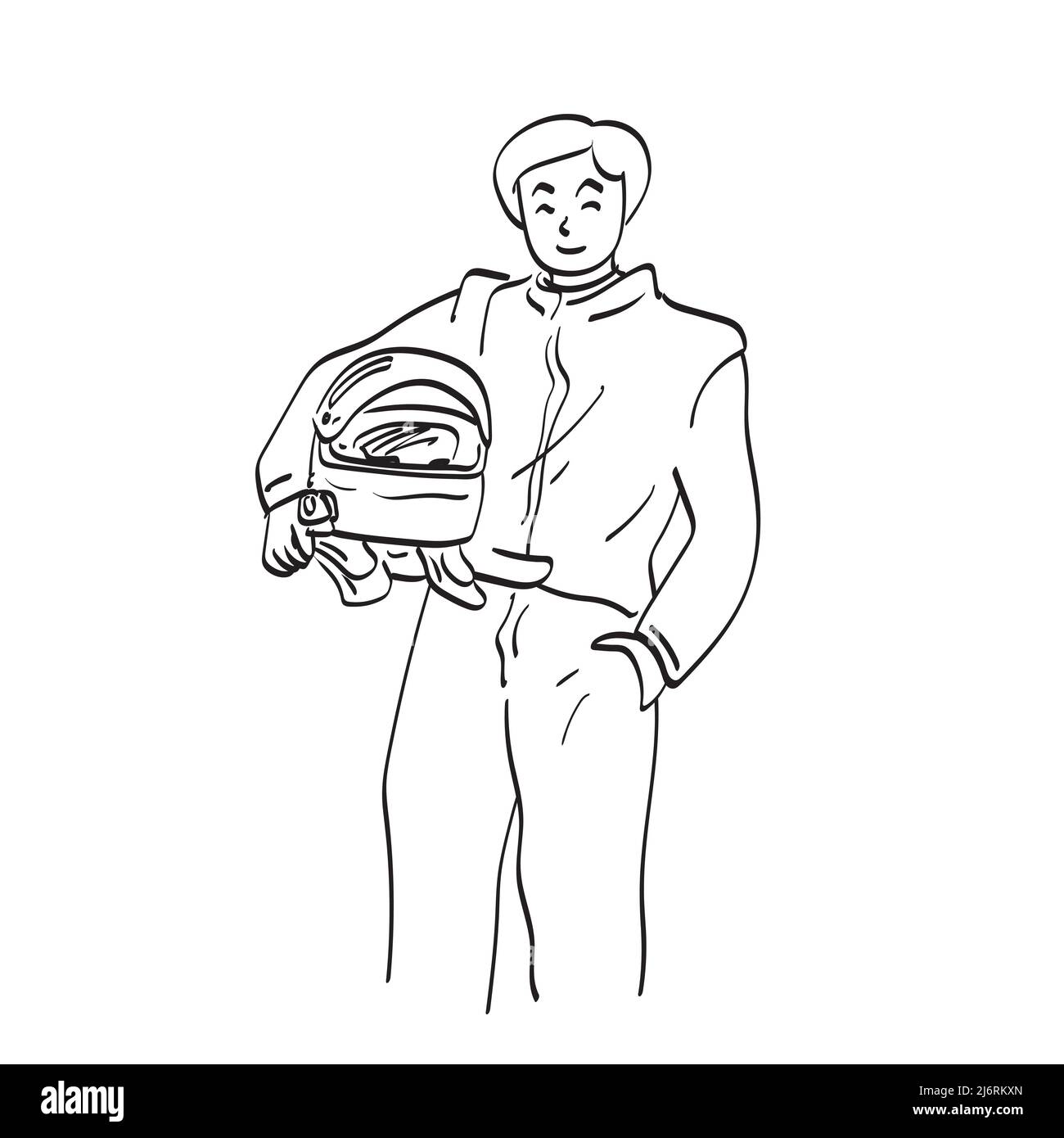 Smiling male car racer with a helmet illustration vector hand drawn ...