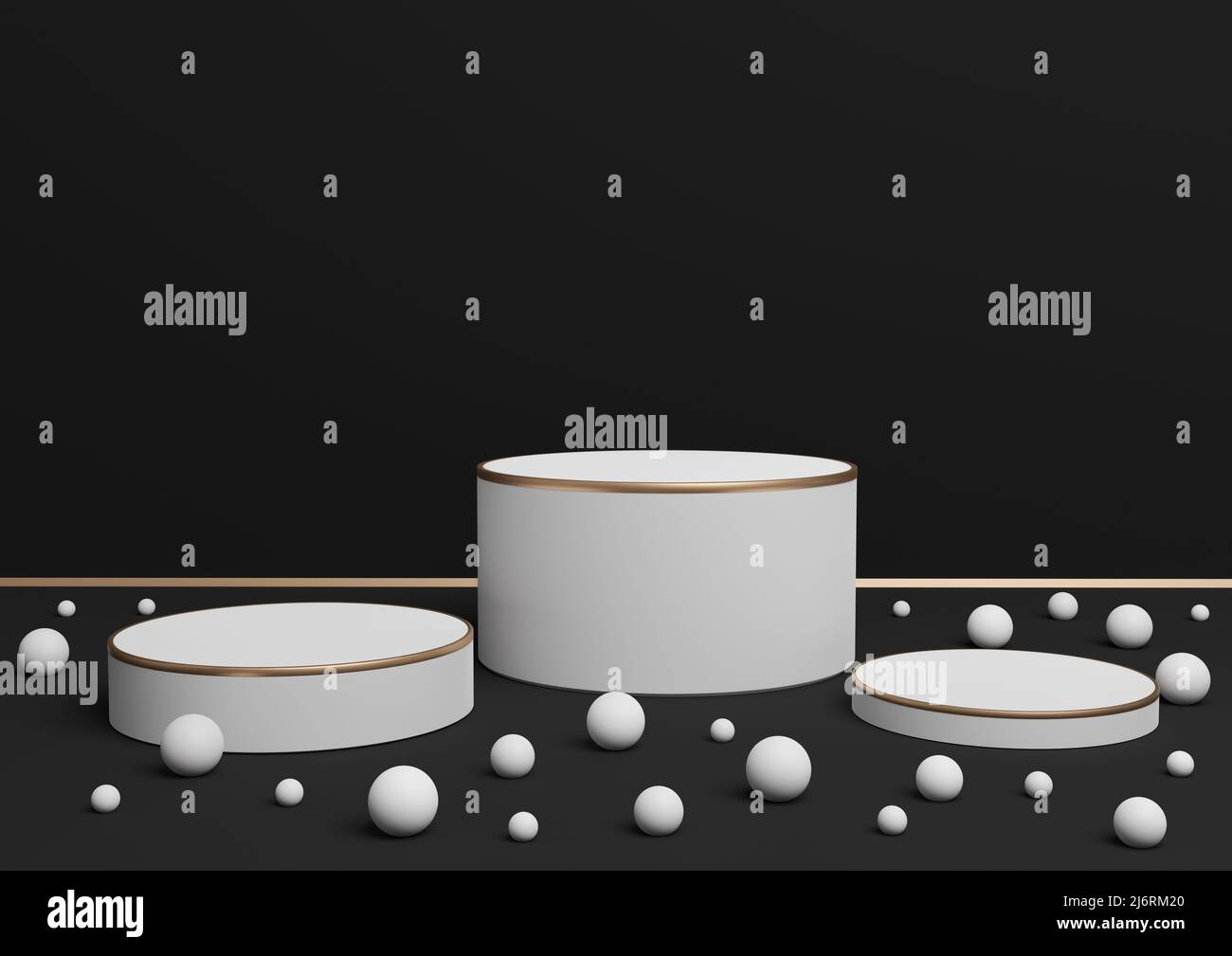 Black, dark gray, black and white 3D rendering of three podium stands product display with ...