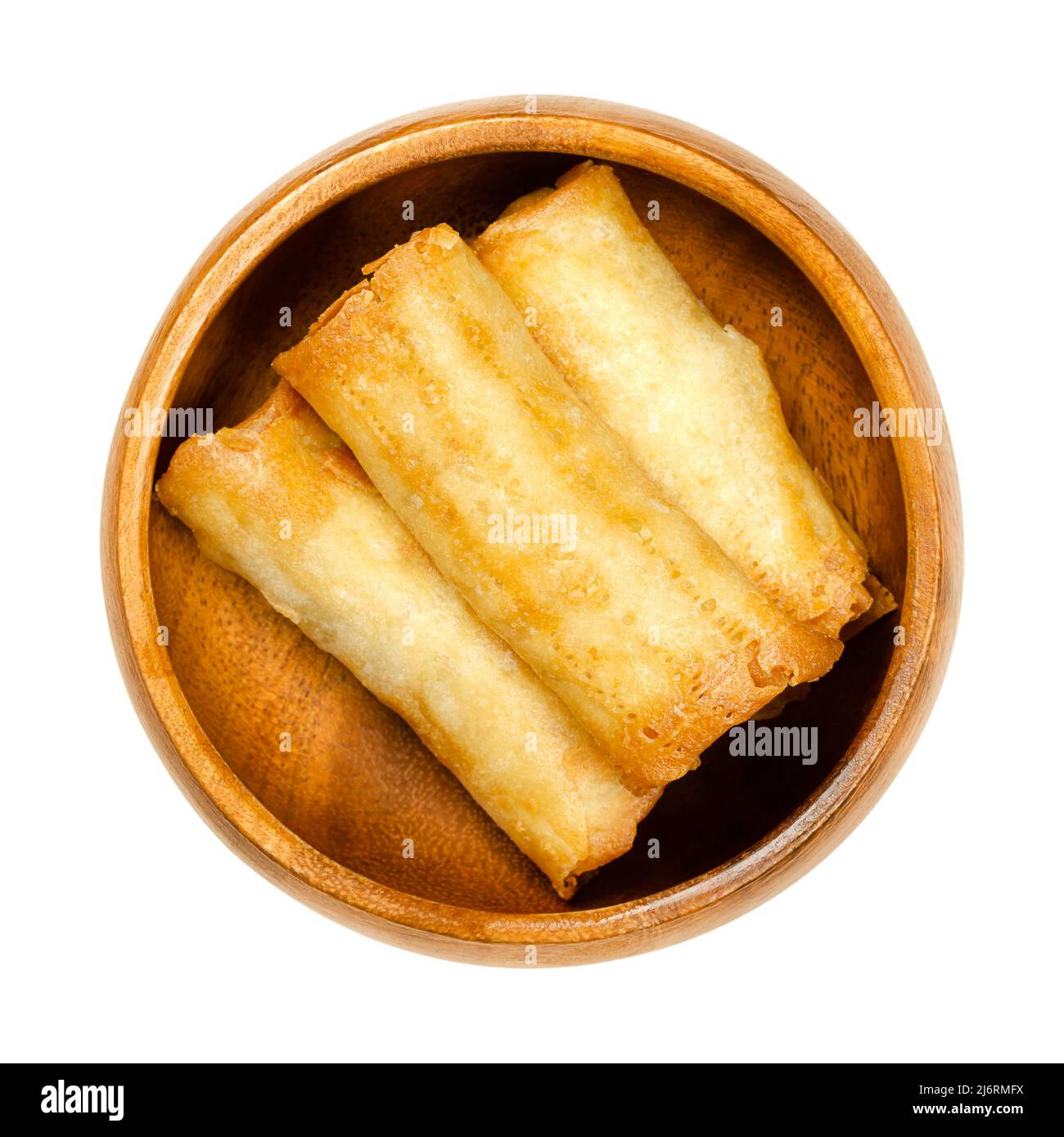 Mini spring rolls, ready to eat, in a wooden bowl. Small spring rolls ...