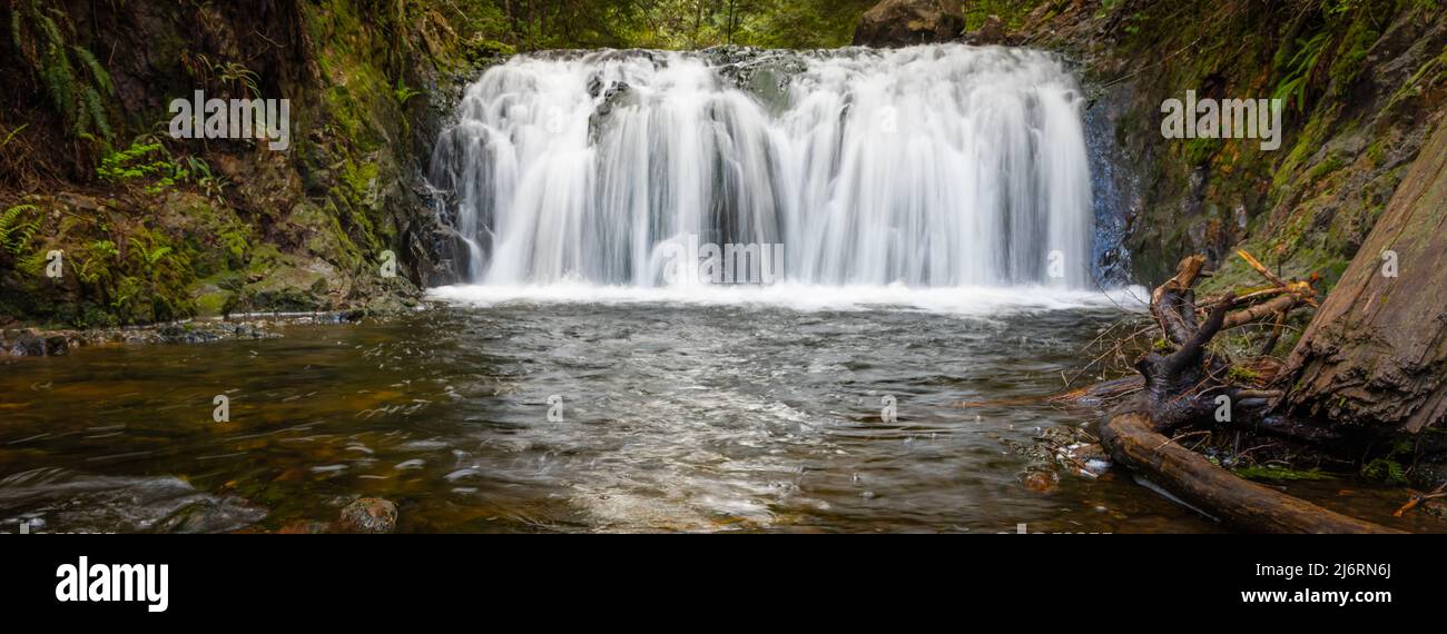 Beautiful mountain rainforest waterfall with fast flowing water and ...