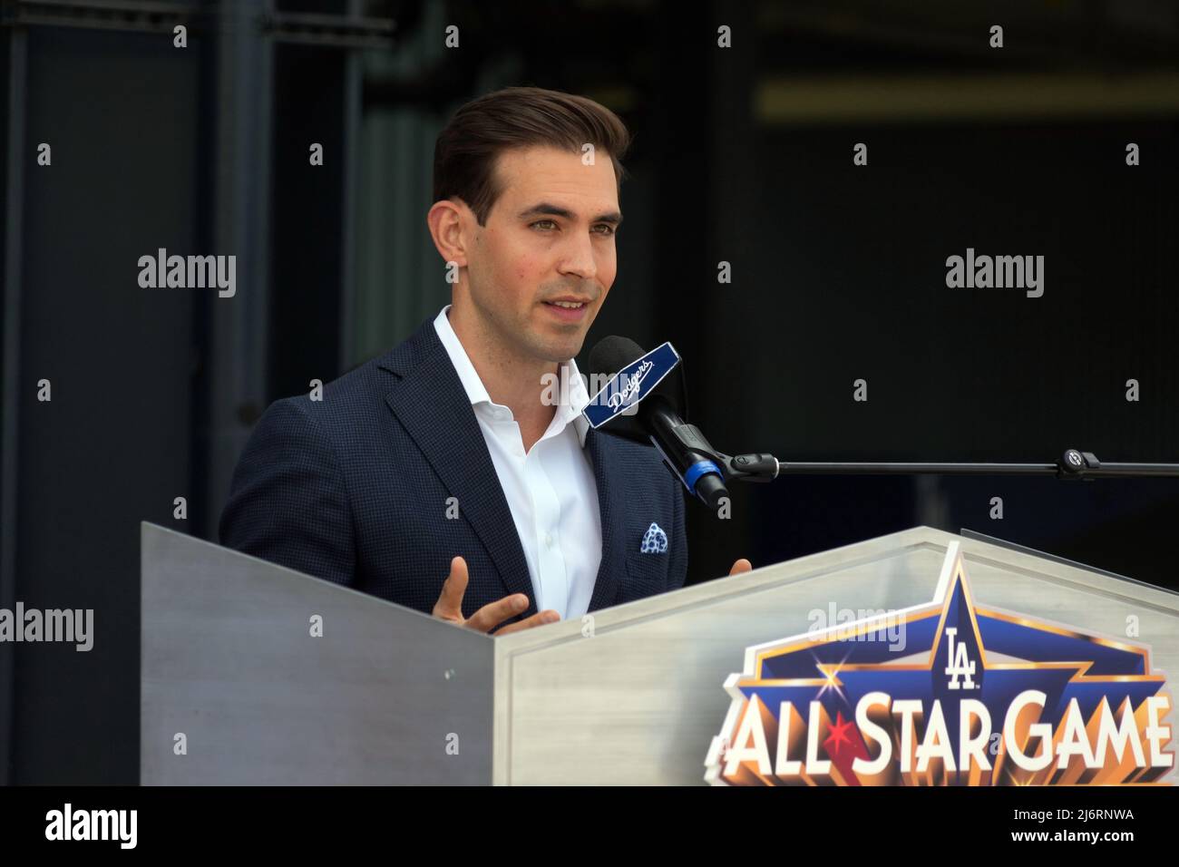Los Angeles Dodgers broadcaster Joe Davis speaks during an event to ...