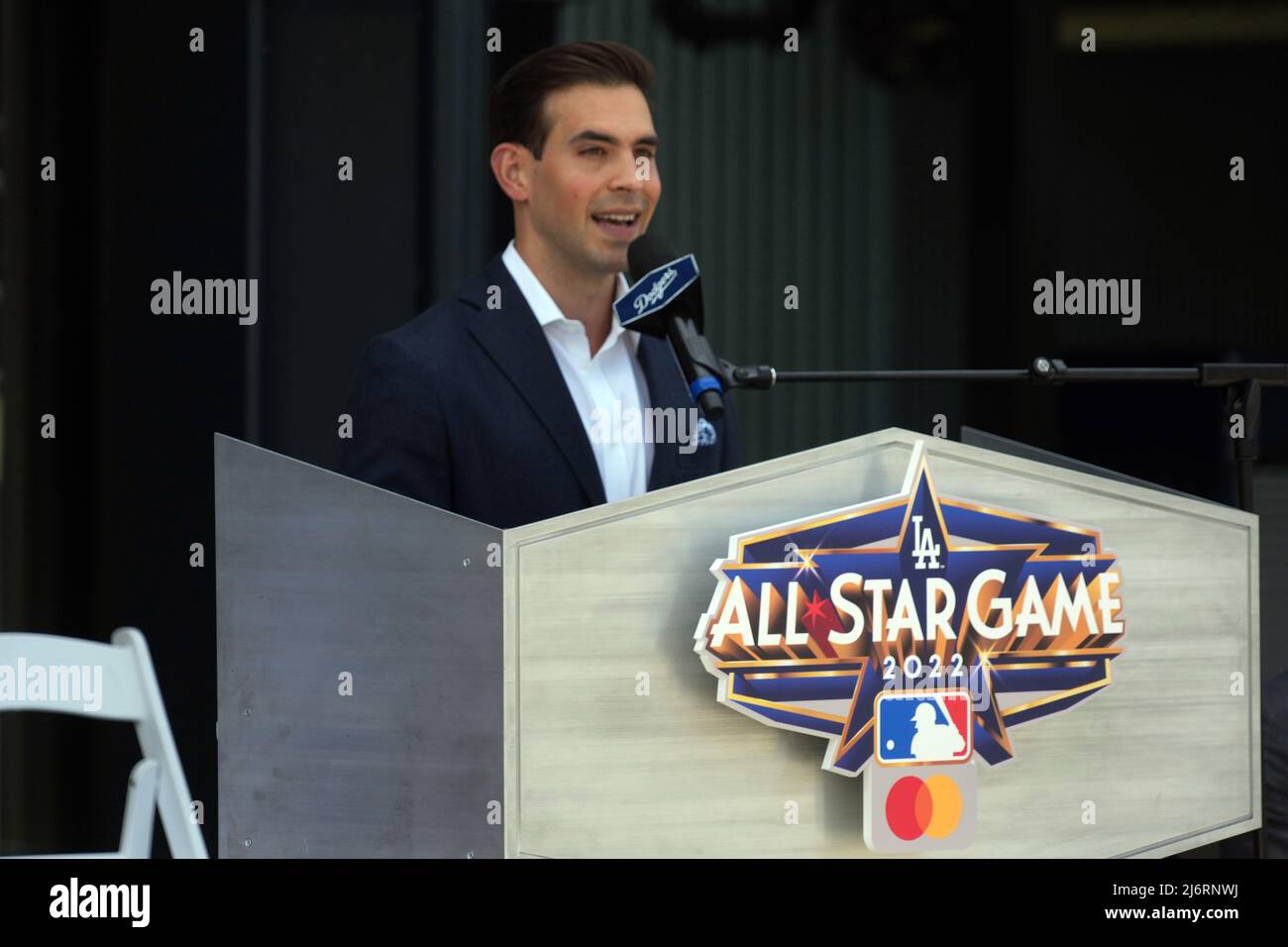 Los Angeles Dodgers broadcaster Joe Davis speaks during an event to ...