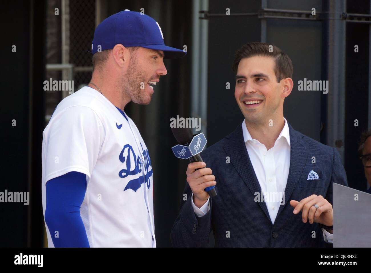 Los Angeles Dodgers broadcaster Joe Davis (right) interviews first baseman Freddie Freeman (5 ...