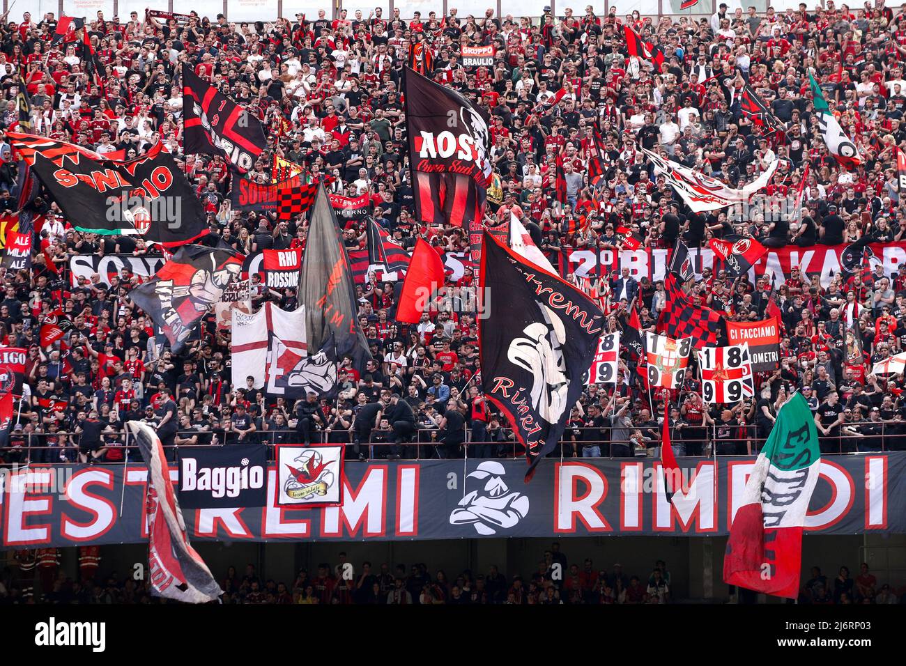 Italy, Milan, may 1 2022: ac Milan supporters wave the flags and show ...