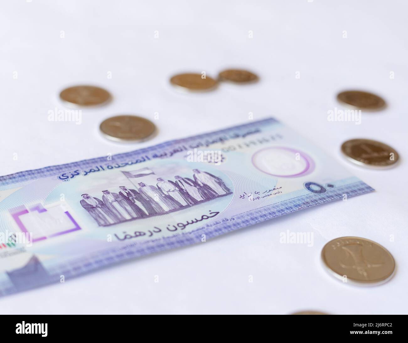 UAE new 50 dirham banknote with selective focus and blur background ...
