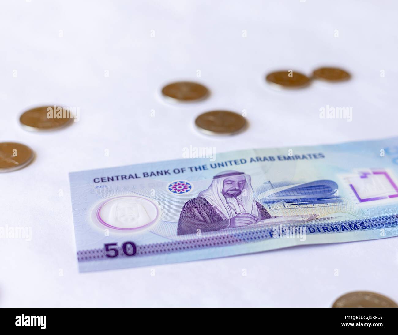 New 50 dirham bank note with selective focus and blur backgrounda Stock ...